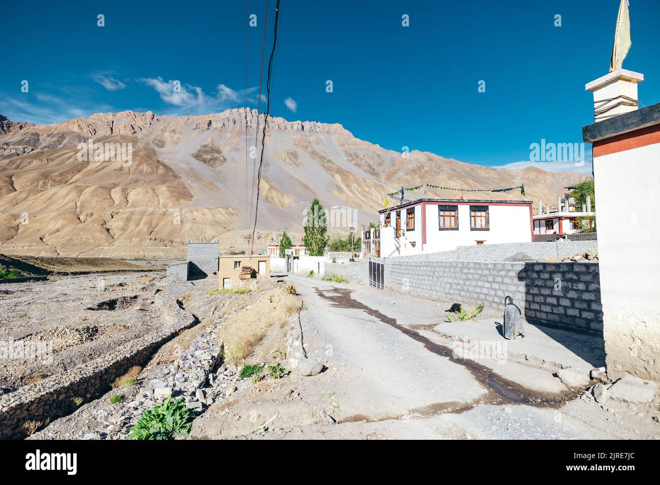 local mud homes in the dry desolate terrain of Kaza in Spiti Valley ...