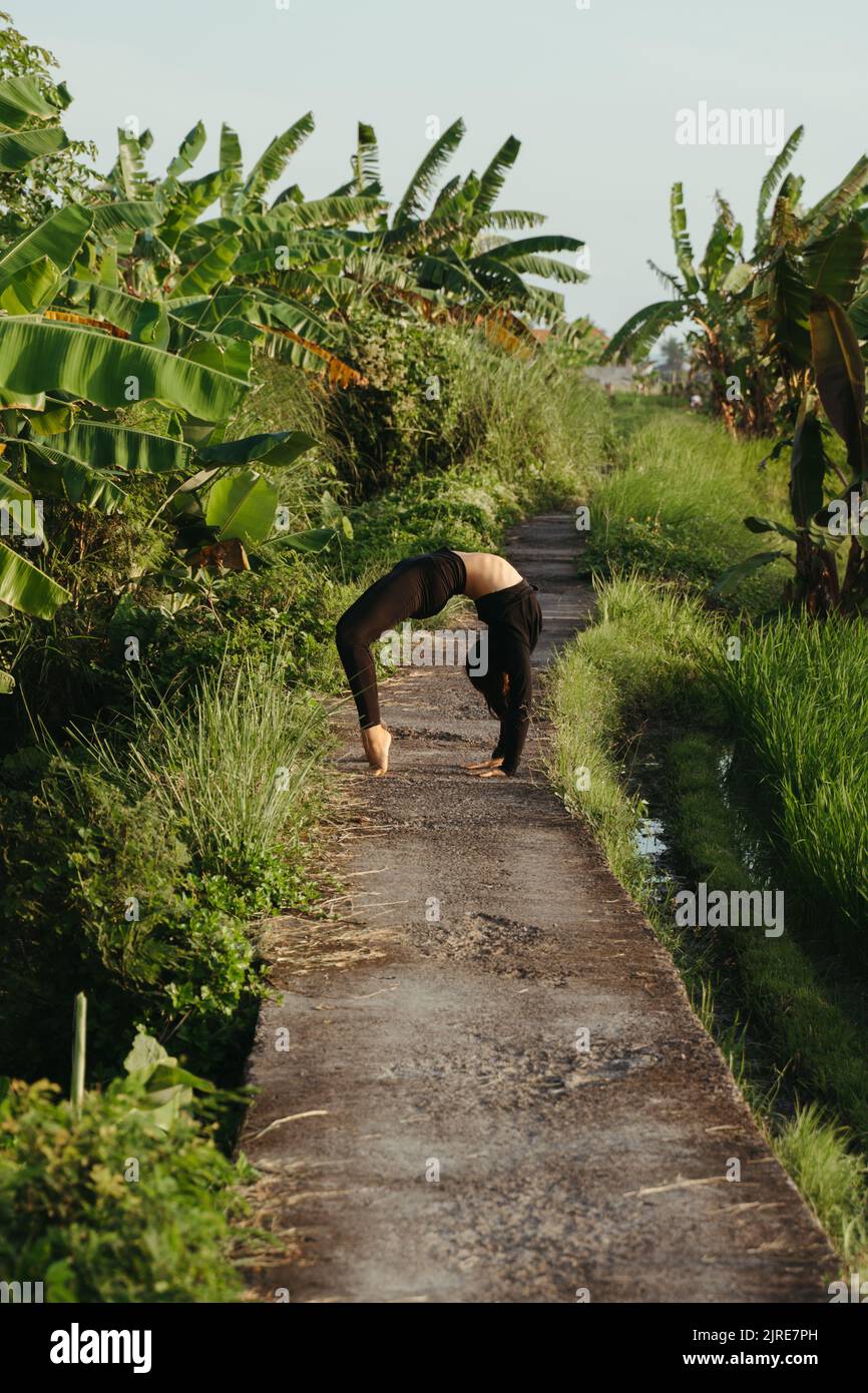 Upward Bow Wheel Pose. Young woman doing yoga asana outdoors in Bali ...