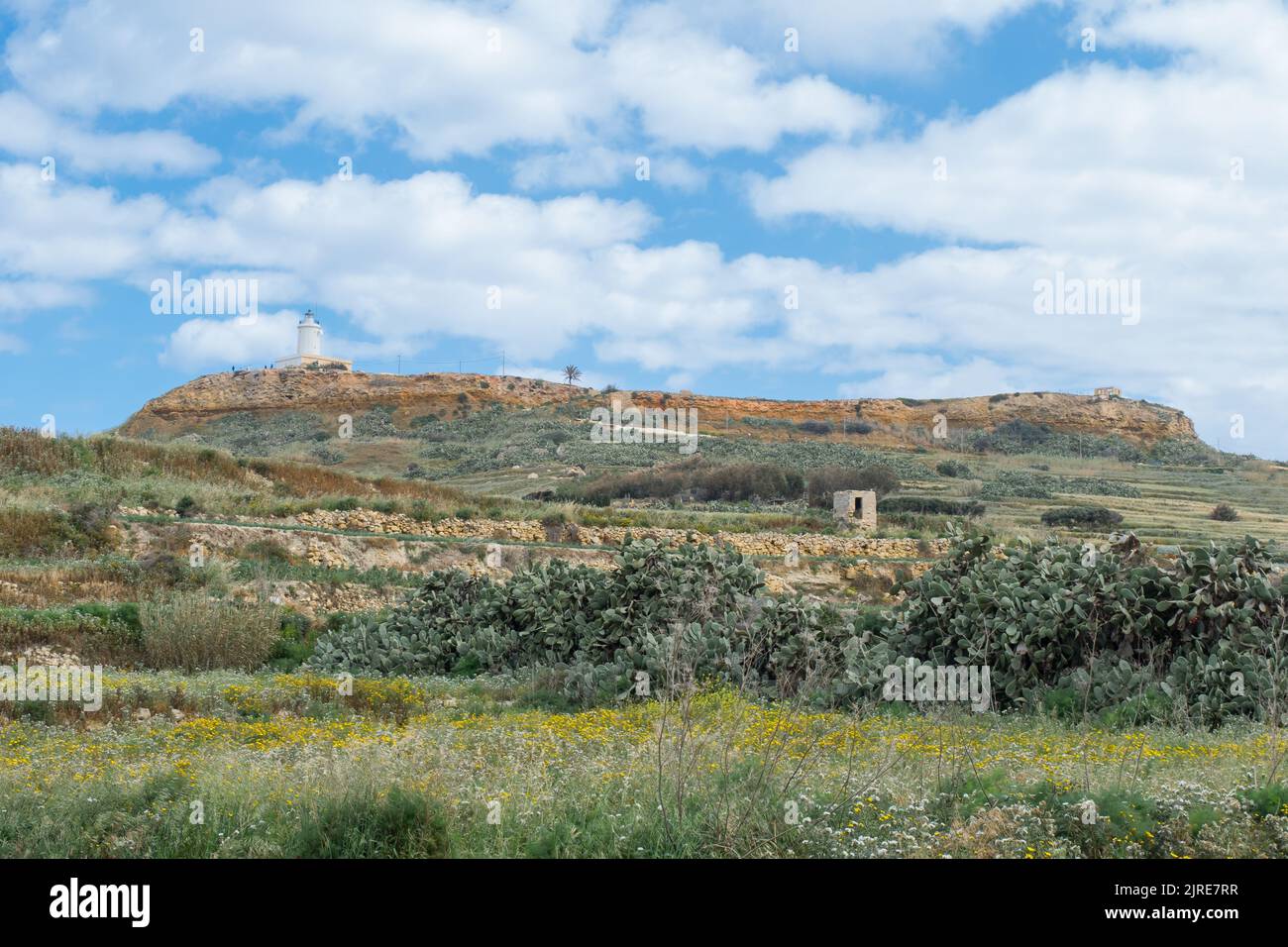 Flat topped plateau hill in the rural village of Ghasri, Gozo, Malta ...