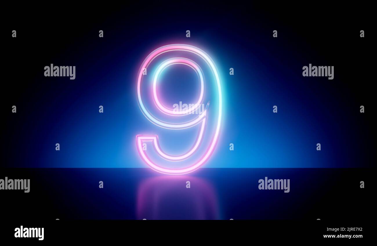 Number 9 neon glowing futuristic tube light. 3D Rendering Stock Photo ...