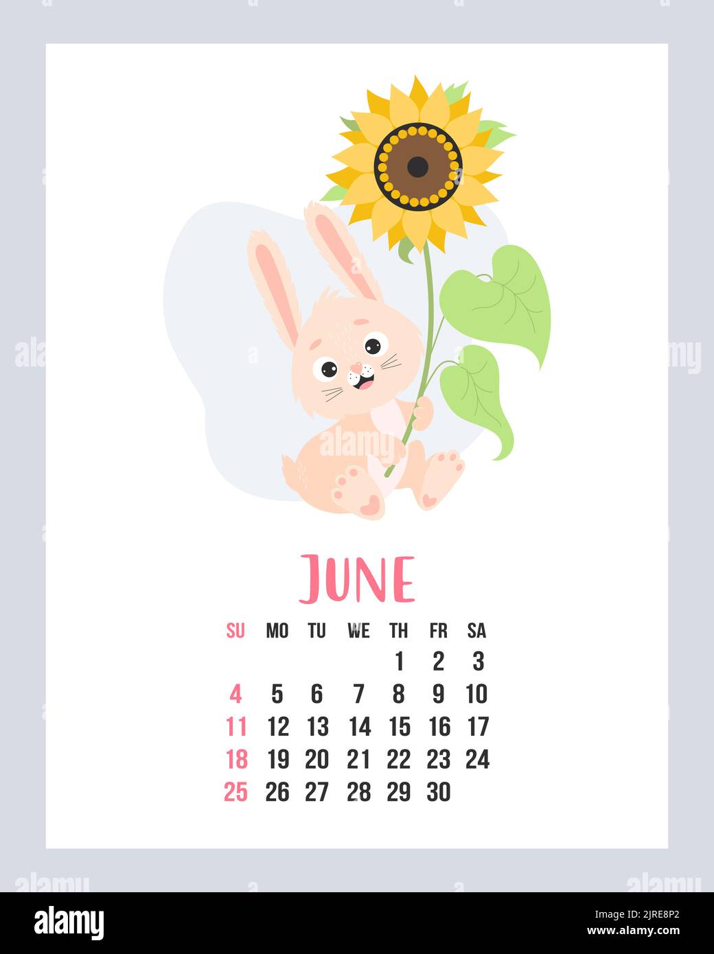 June 2023 calendar. Cute bunny with large yellow flower sunflower ...