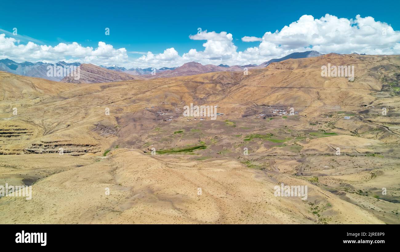 aerial panoramic of Himalayan mountain range in North India of Spiti ...