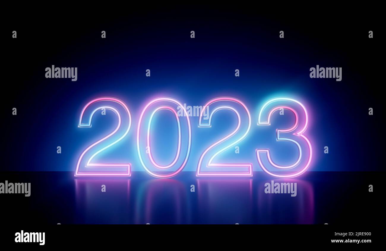 Happy new year 2023 neon glowing lights background. 3D Rendering Stock ...