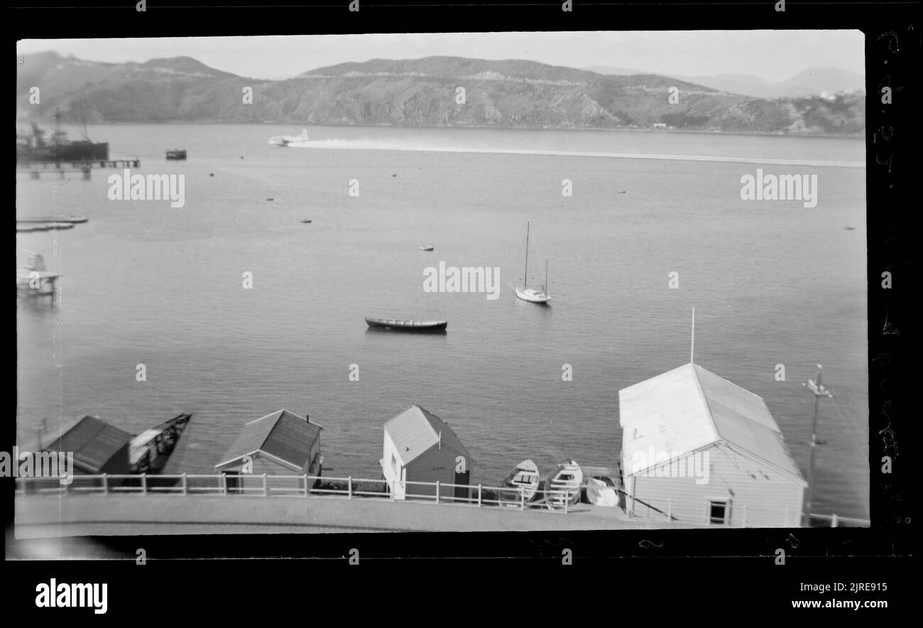 Flying boat taking off at Evans Bay, 06 September 1952, by Leslie Adkin ...