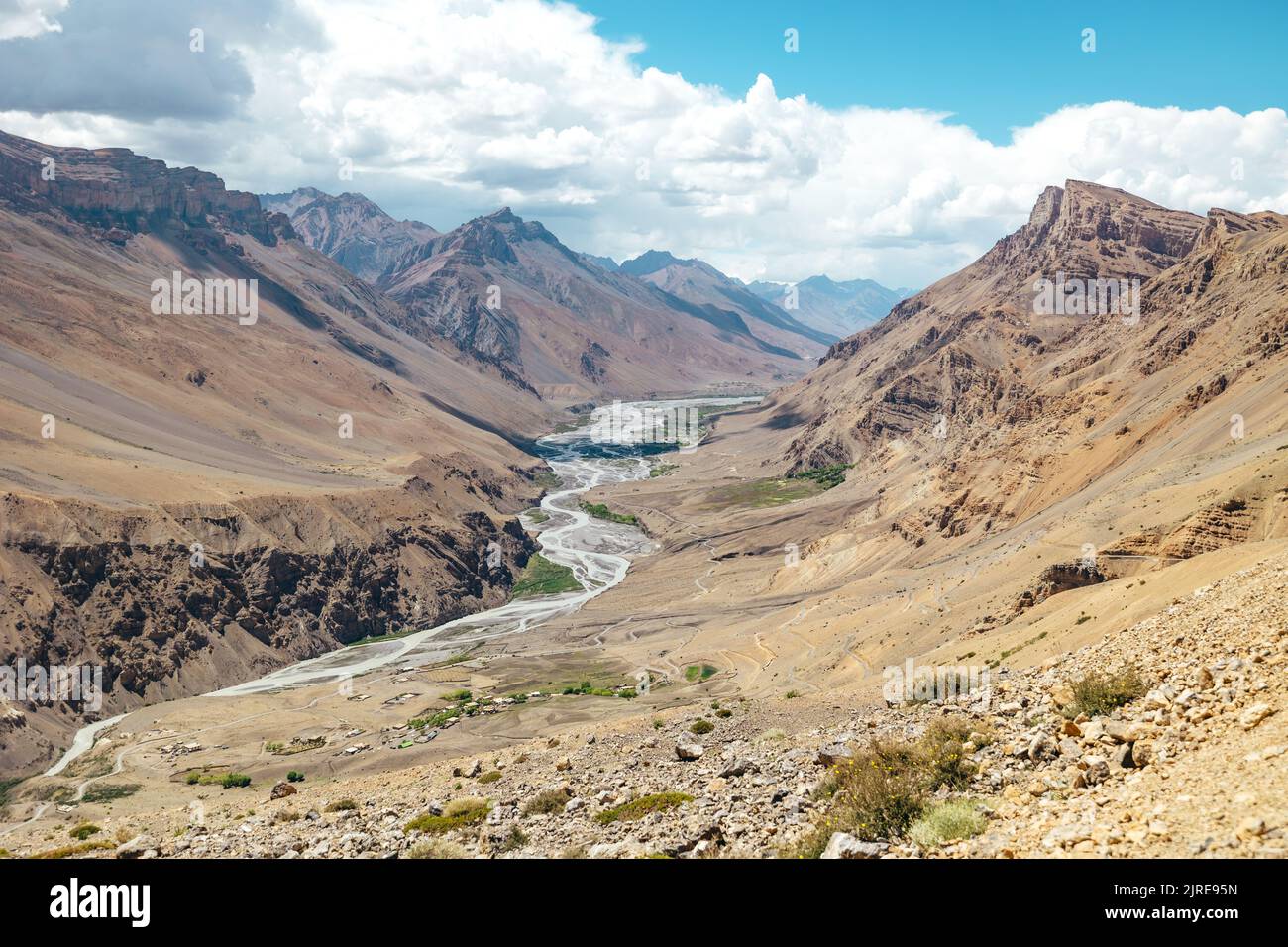 sunny dry desolate mountain landscape in Spiti Valley with river ...