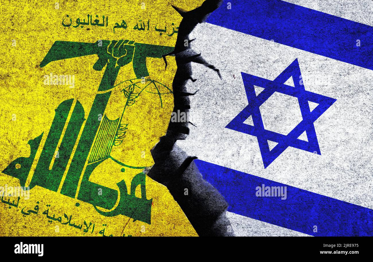 Israel vs Hezbollah concept flags on a wall with a crack. Israel and ...