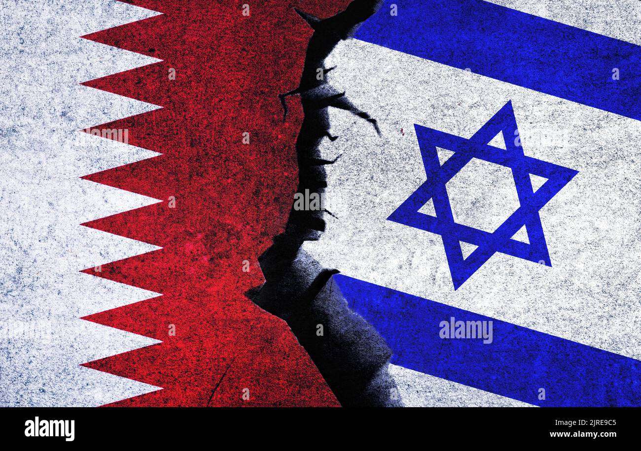 Israel vs Qatar concept flags on a wall with a crack. Israel and Qatar ...