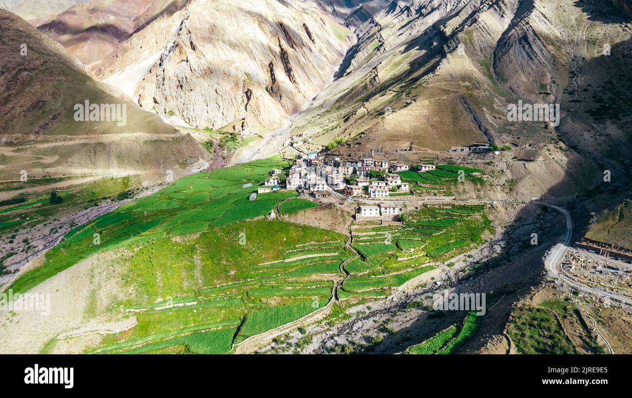 panoramic aerial landscape of Mud Village in Pin Valley of North India ...