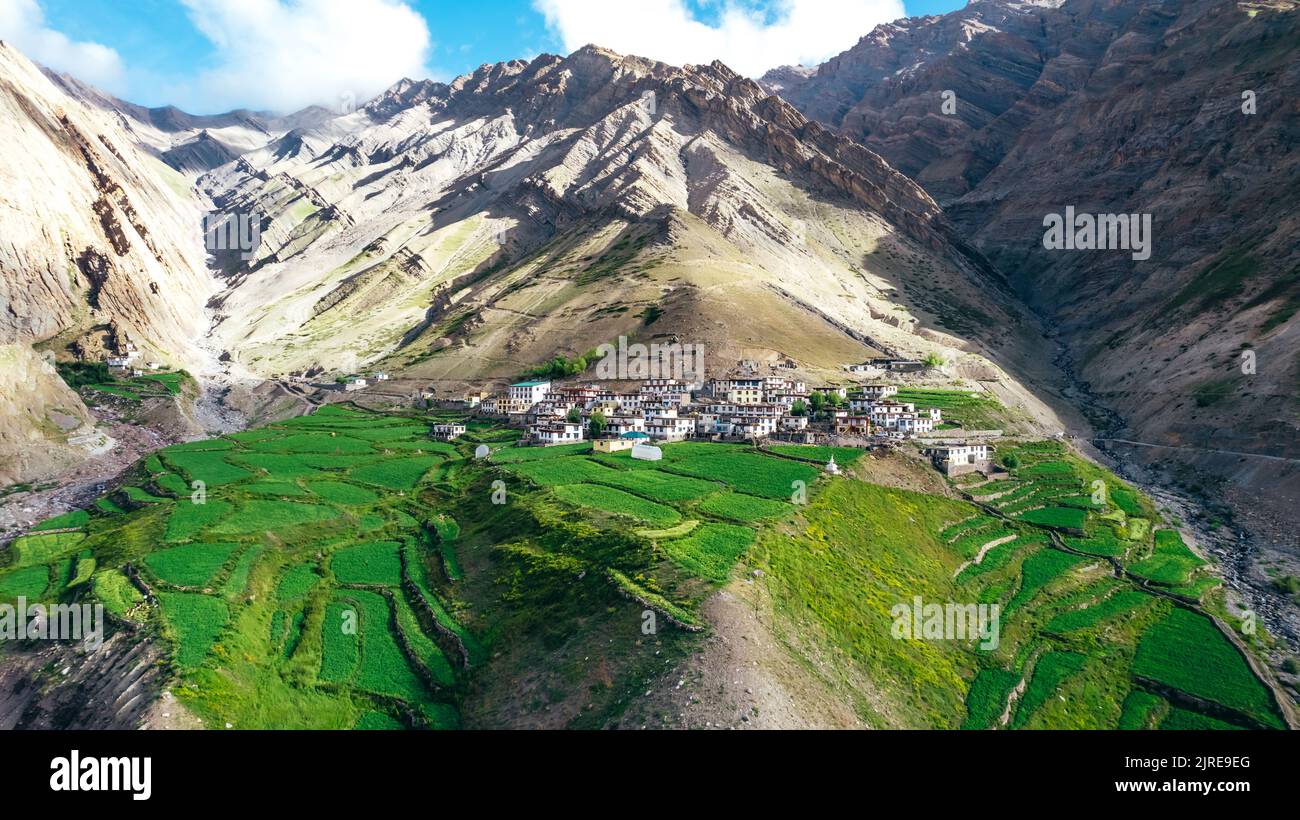 Aerial landscape of Tibetan Mud homes in a village surrounded by ...