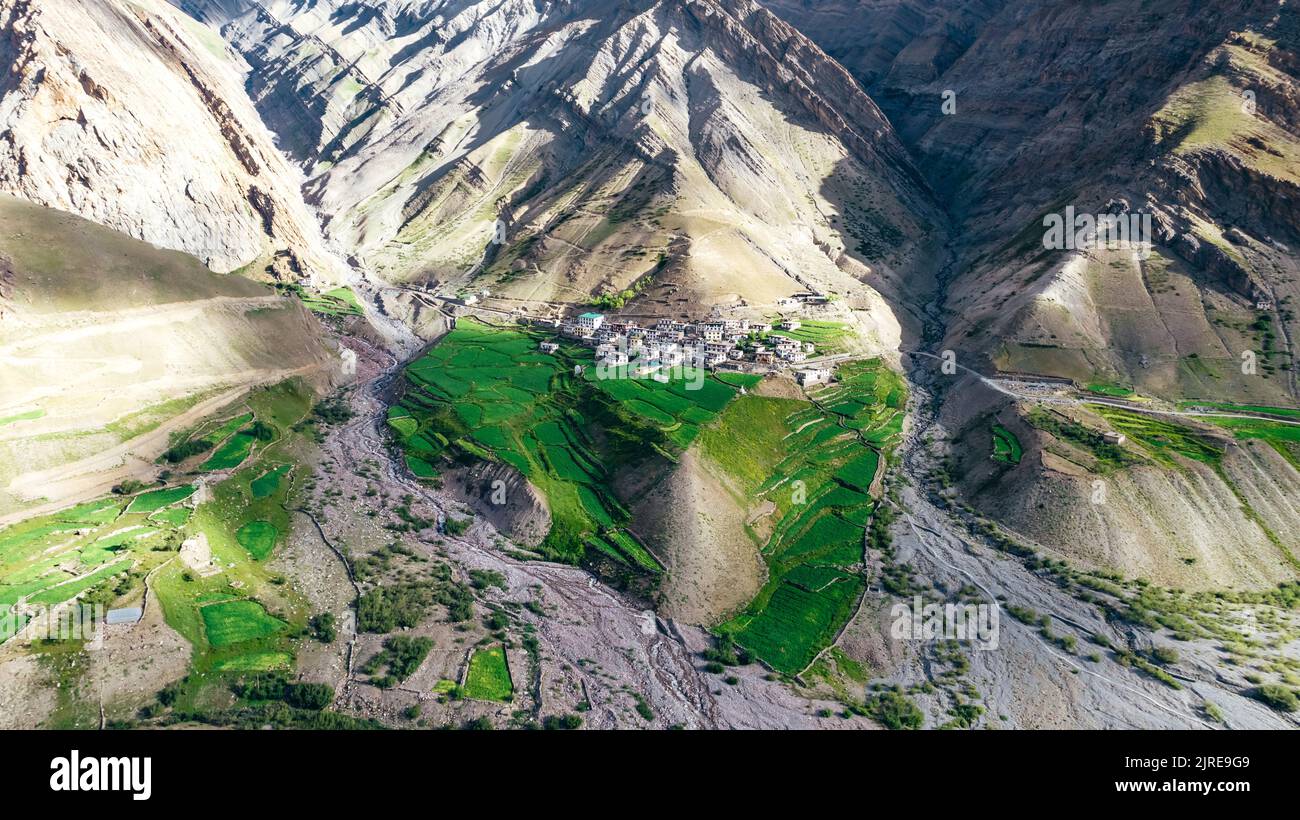 wide panoramic aerial landscape of Mud Village in Pin Valley of North ...