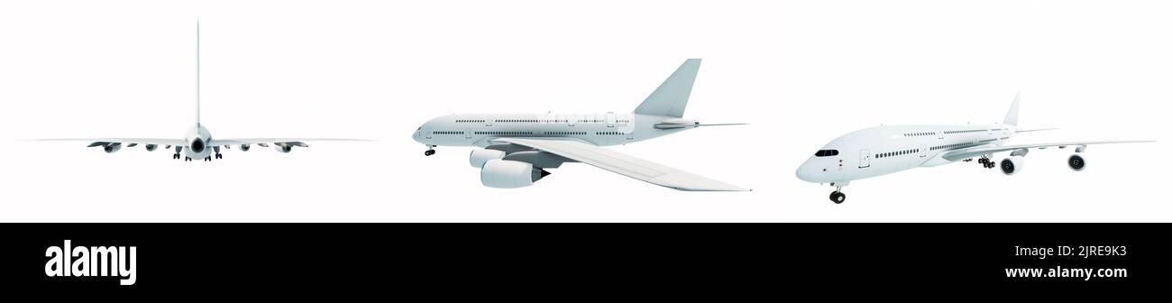 Conceptual set of three flying white passenger jetliner or commercial ...