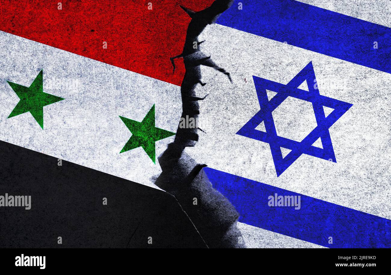 Israel vs Syria concept flags on a wall with a crack. Syria and Israel ...