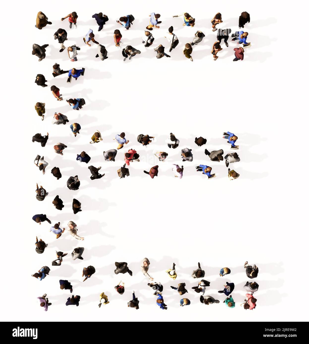 Concept or conceptual large community of people forming the font E. 3d ...