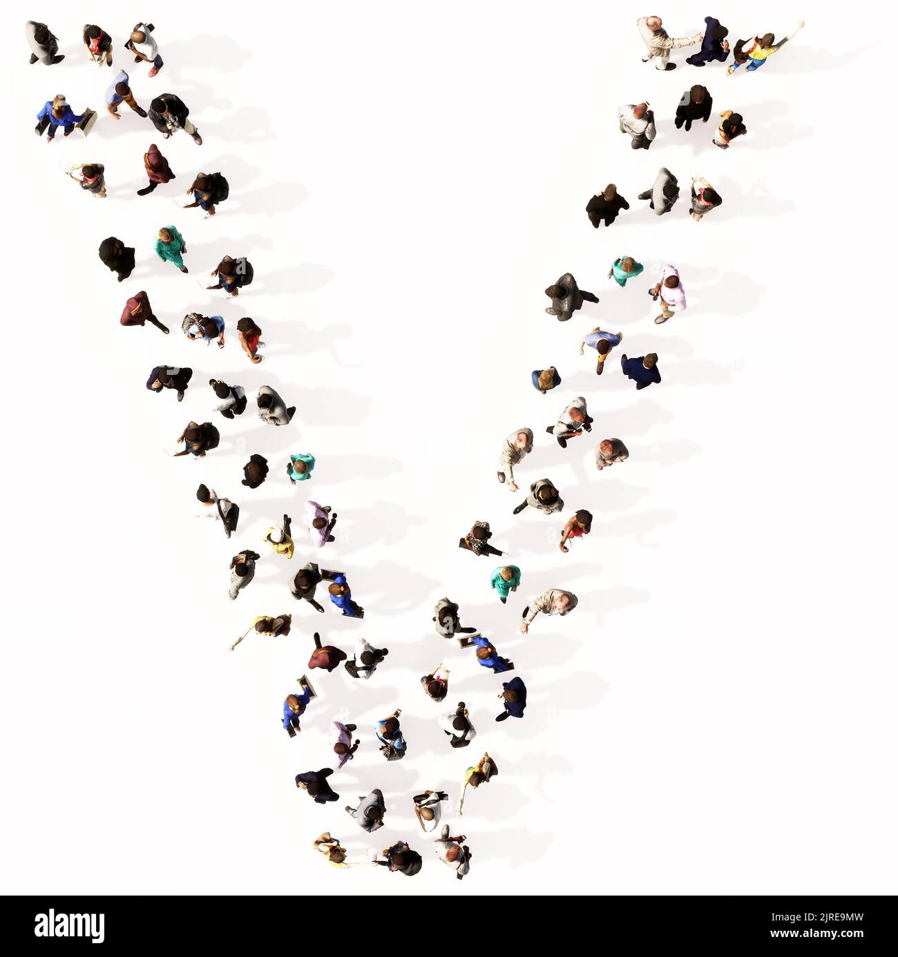 Concept or conceptual large community of people forming the font V. 3d ...