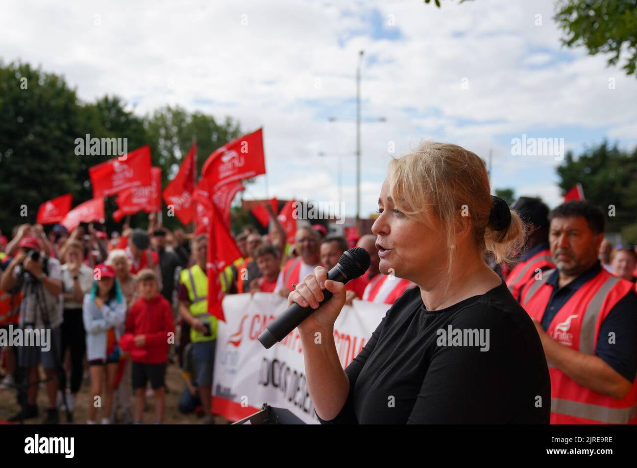 Unite general secretary Sharon Graham speaks to her members on a picket ...