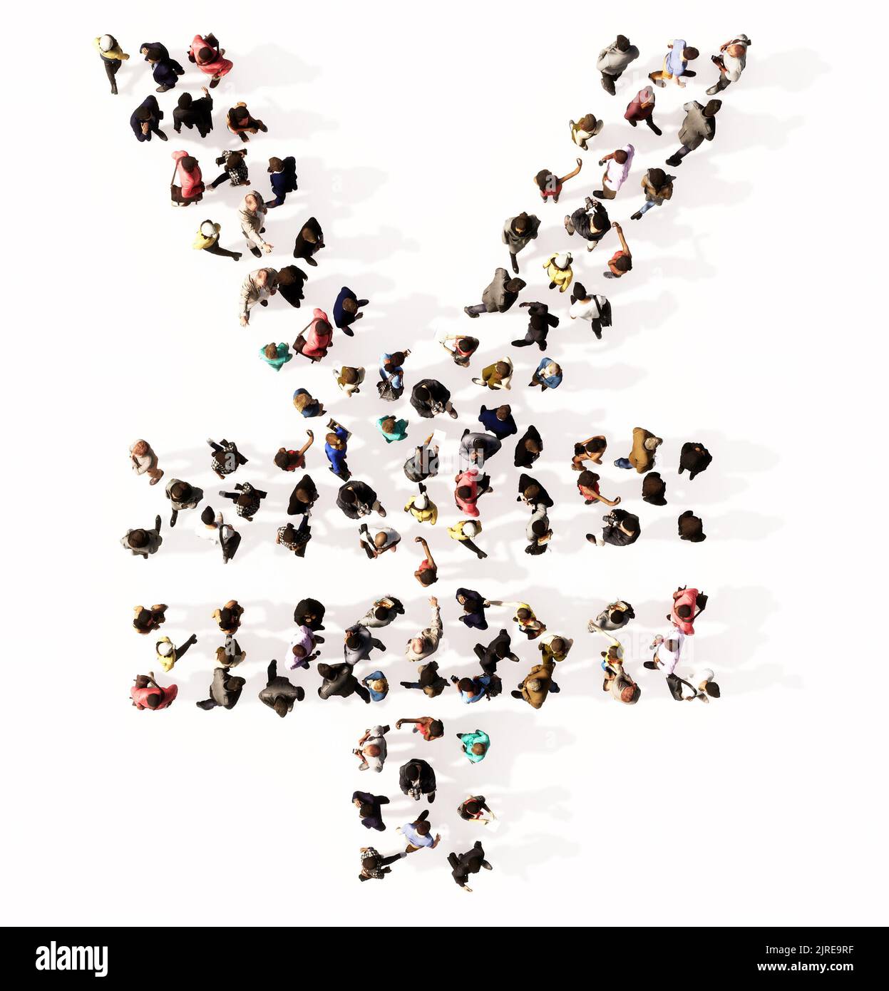 Concept or conceptual large community of people forming the ¥ font. 3d ...