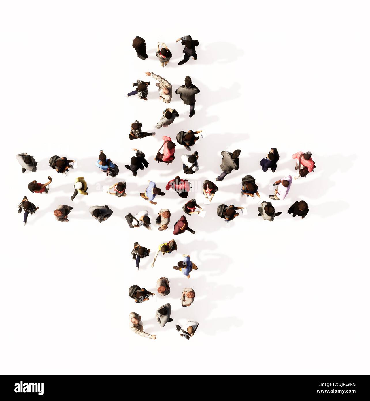 Concept or conceptual large community of people forming the + font. 3d ...