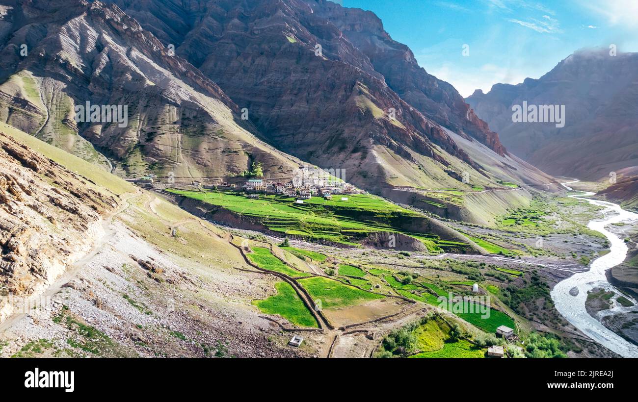 Aerial of river flowing through Pin Valley on sunny day near Mud ...