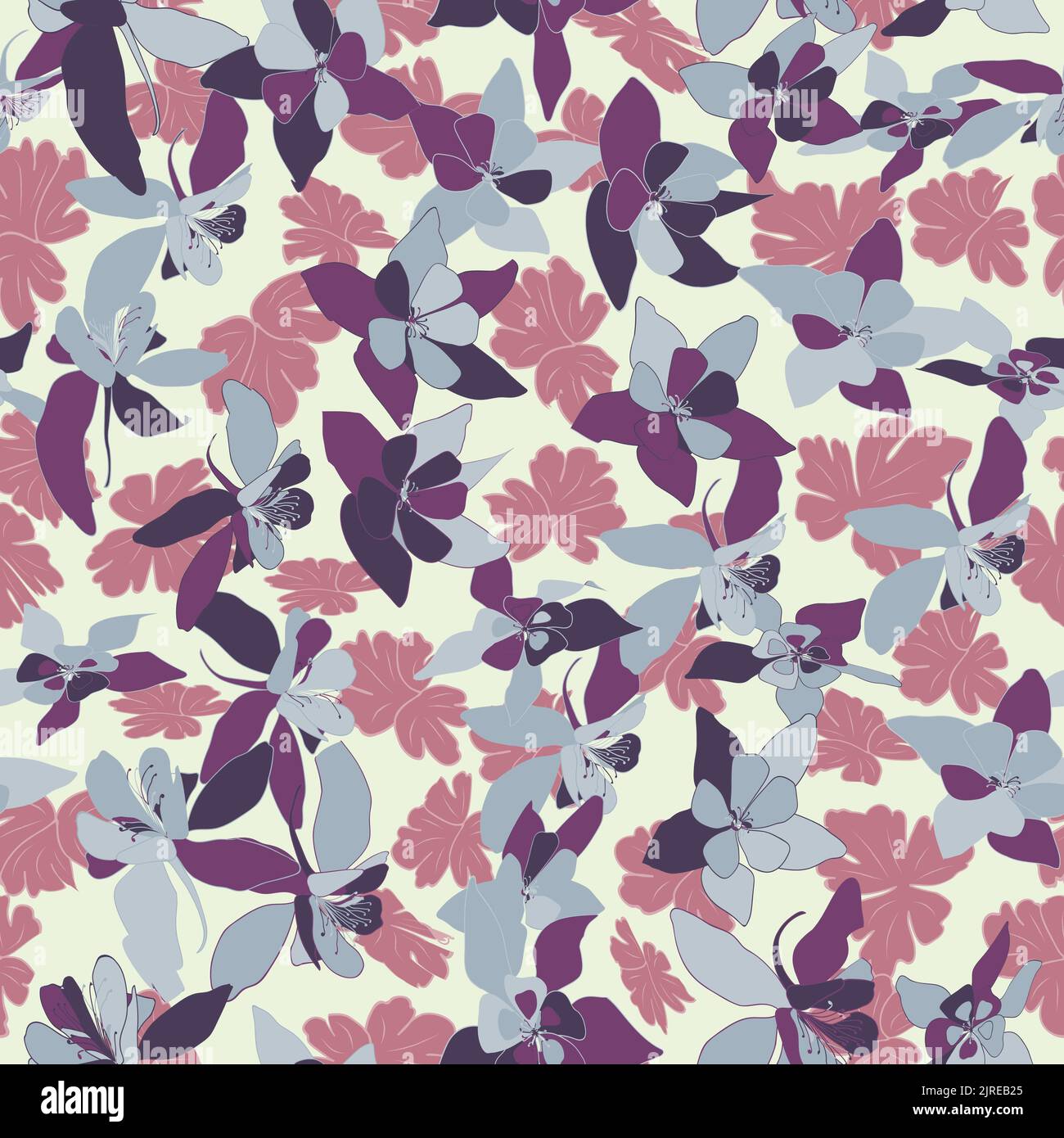 columbine flowers seamless pattern. Hand drawn floral vector botanical ...