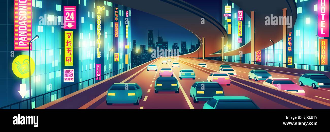 Metropolis nightlife cartoon vector background with cars going on four ...