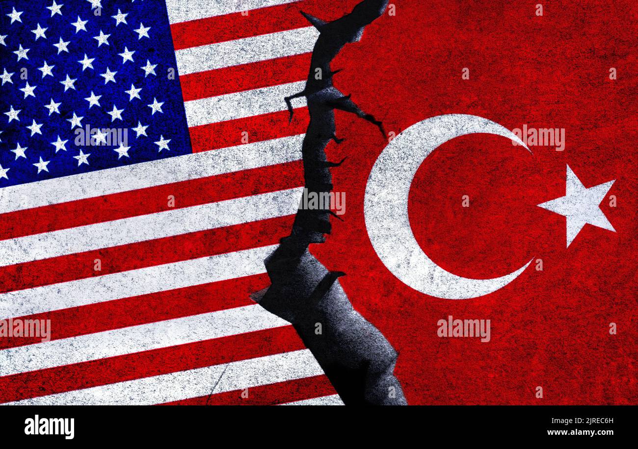 USA vs Turkey flags on a wall with a crack. United States of America ...