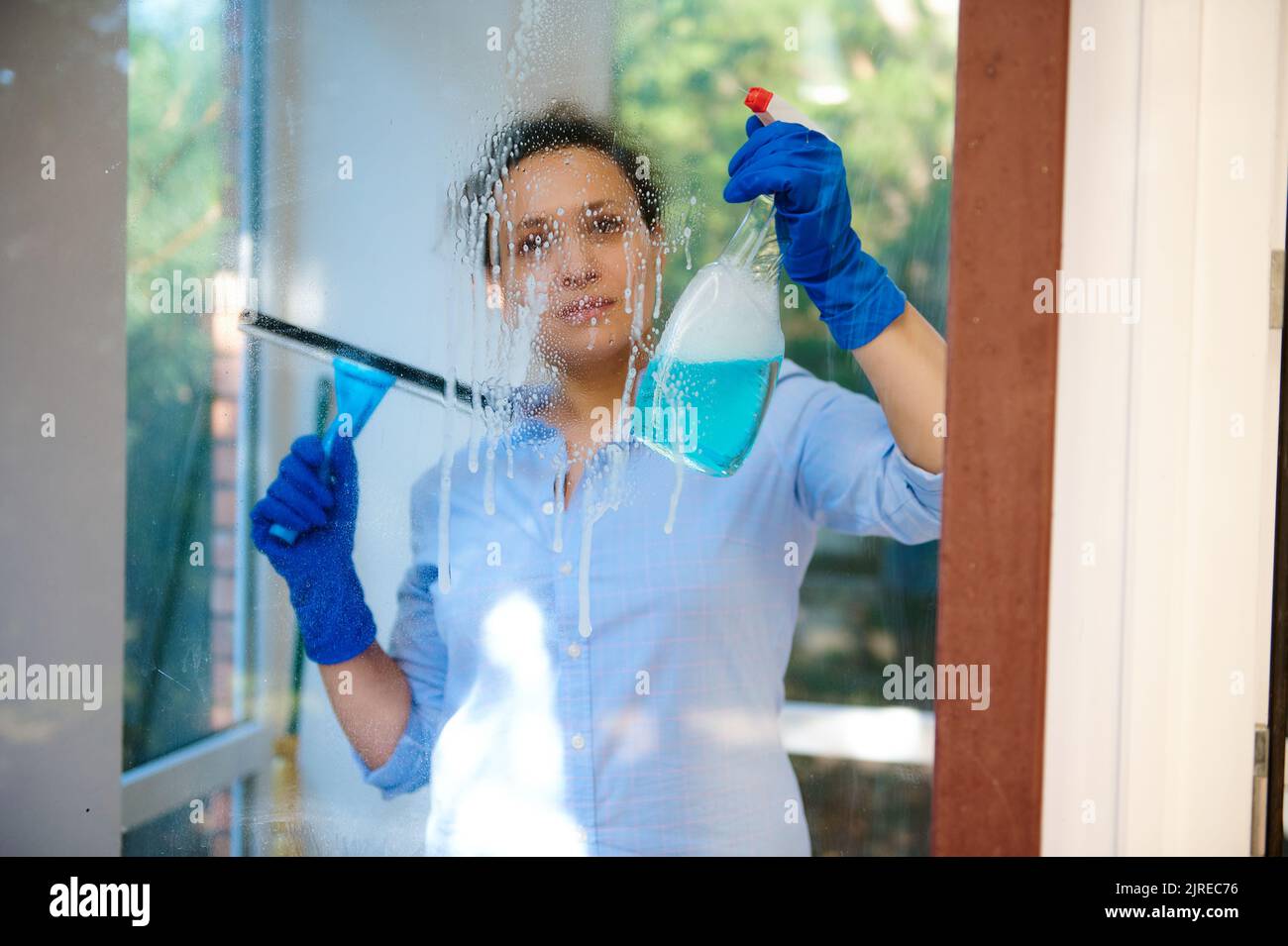 View through the streaks of glass cleaner detergent on the windows to ...
