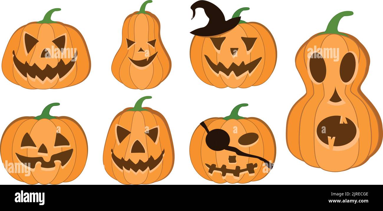 Halloween Pumpkin Vector 7 Icons Set Emotion Variation Simple Flat