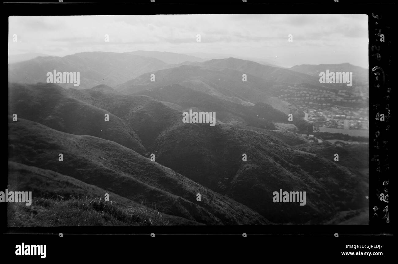 Karori Basin tc from Makara Peak saddle, 03 April 1956, by Leslie Adkin ...