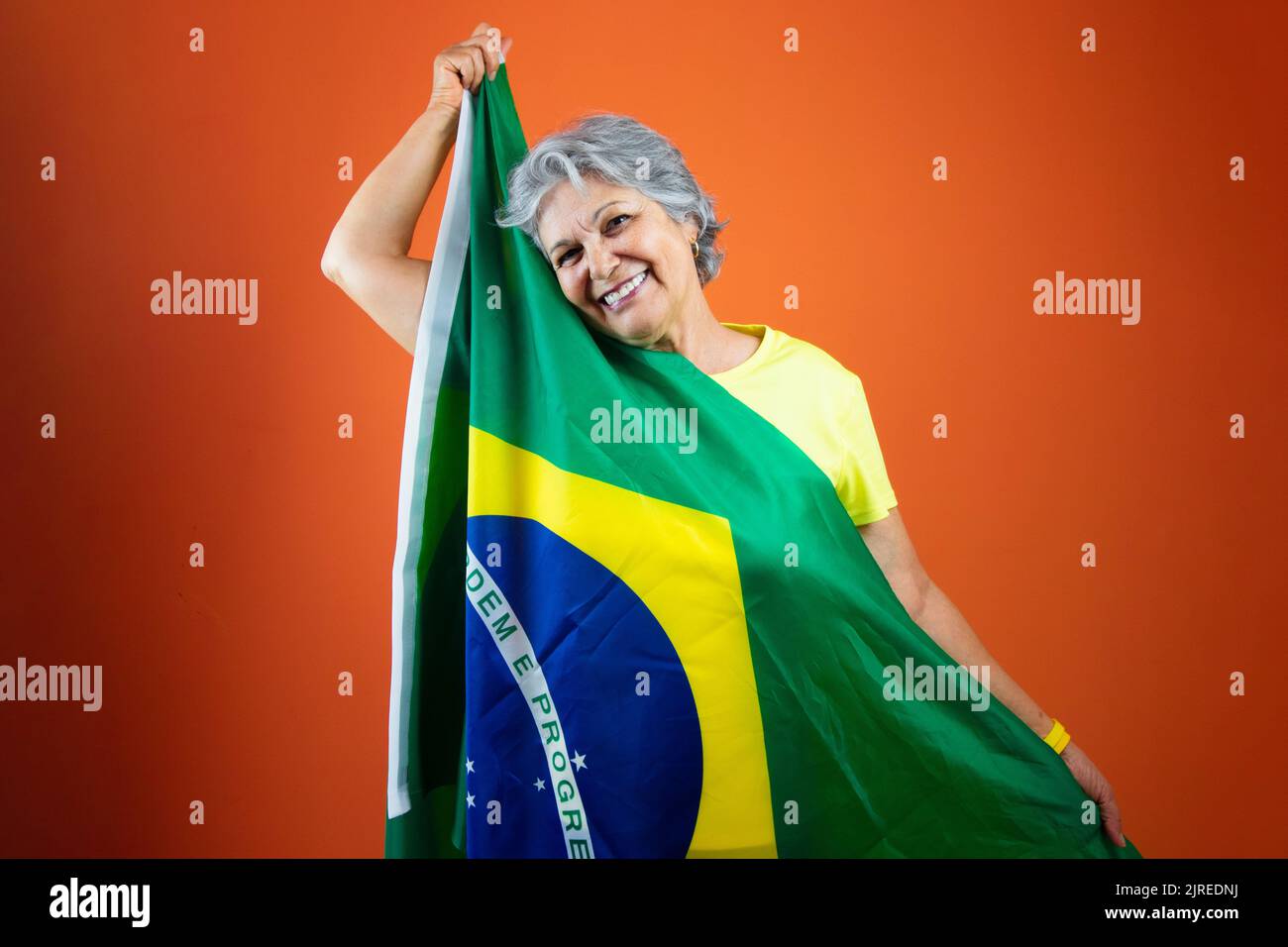 Mature Woman with Gray Hare Holding Brazil Flag Stock Photo - Alamy