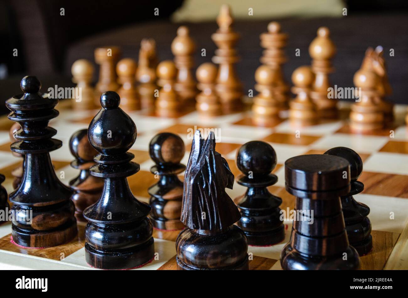 Shallow focus shot of chess set setup ready to start playing Stock ...