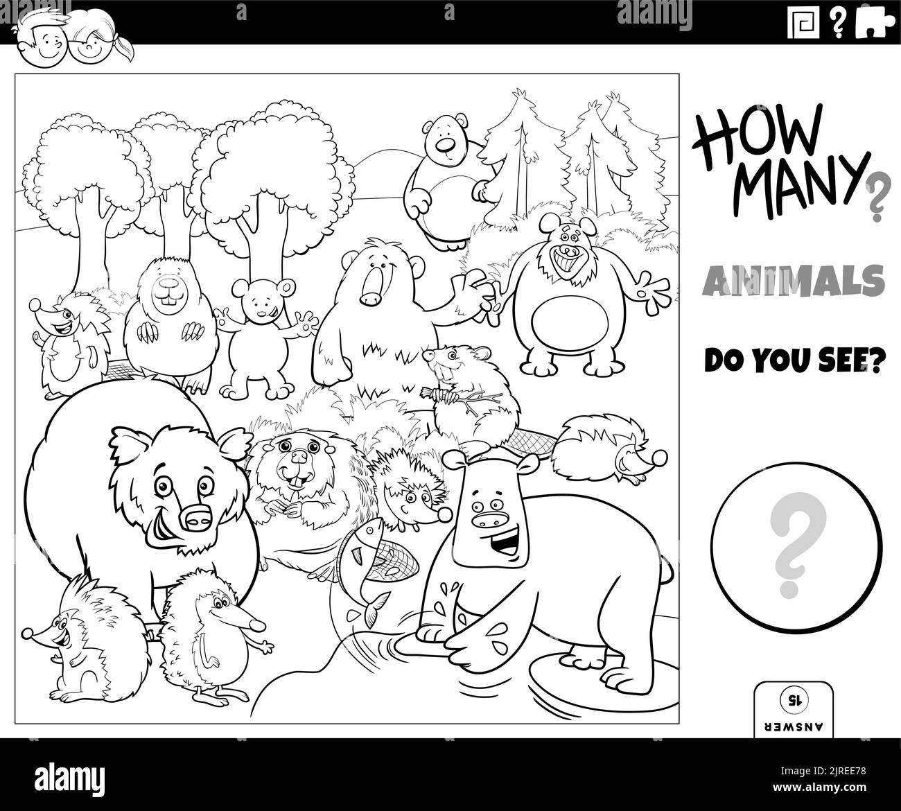 Black and white illustration of educational counting game for children ...