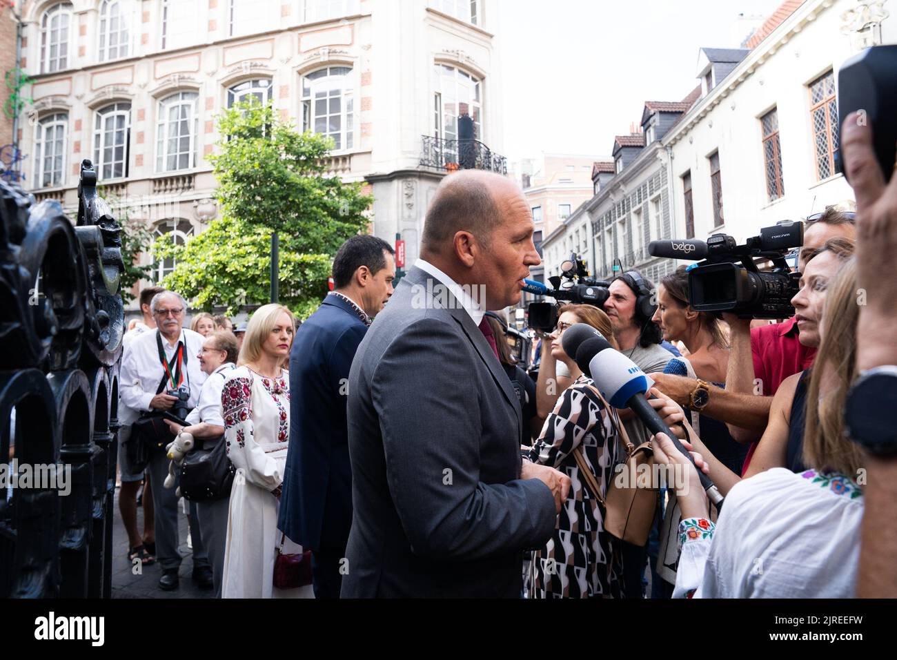Brussels city mayor Philippe Close talks to the press as the Manneken ...
