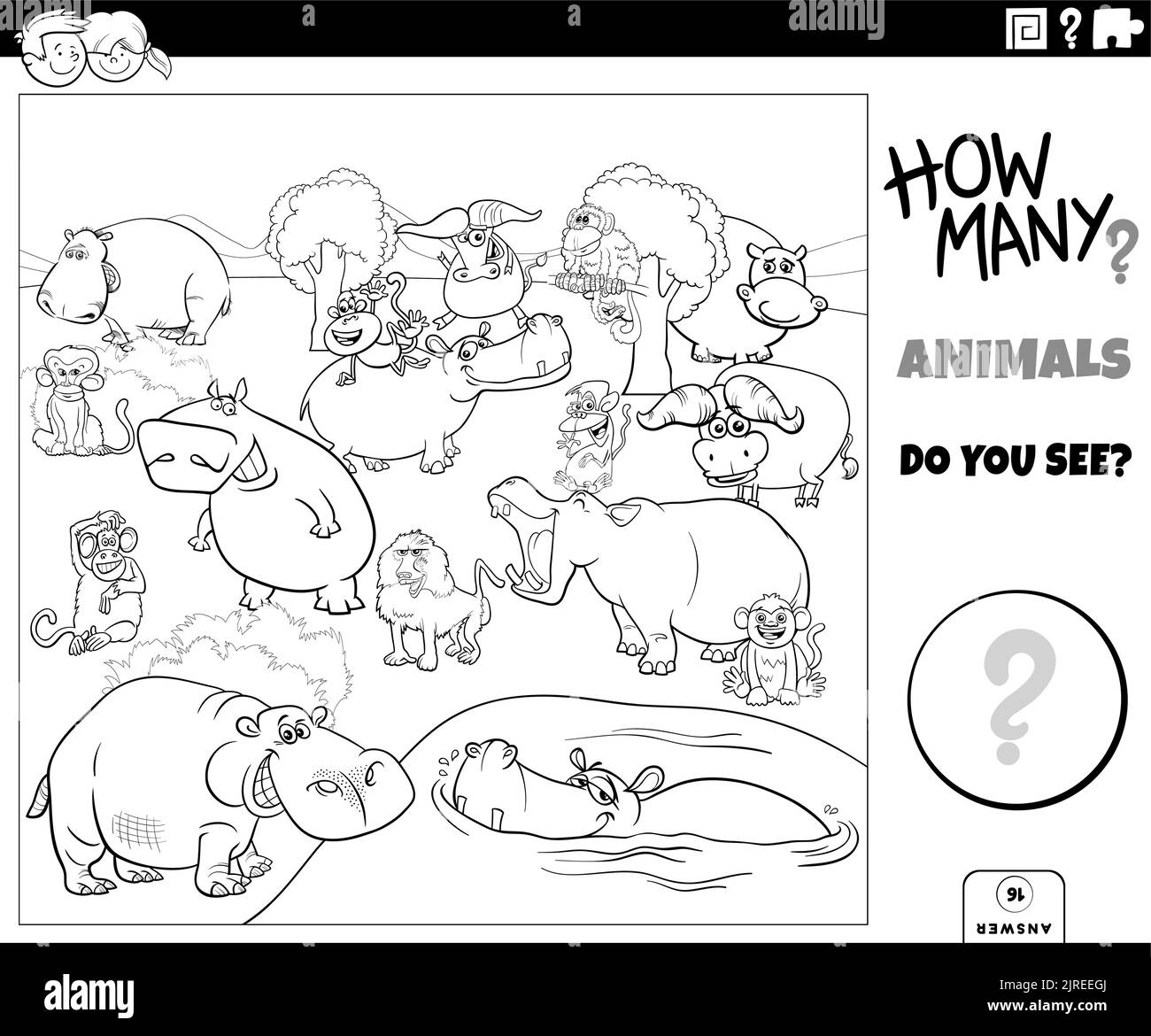 Black and white illustration of educational counting task with cartoon ...