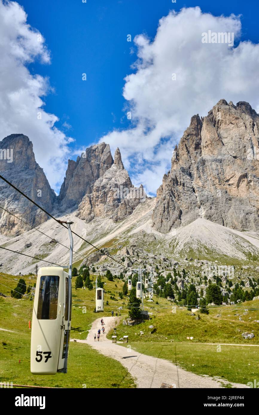 The cable car between the Sella Pass, or Sellajoch, and the Sassolungo ...