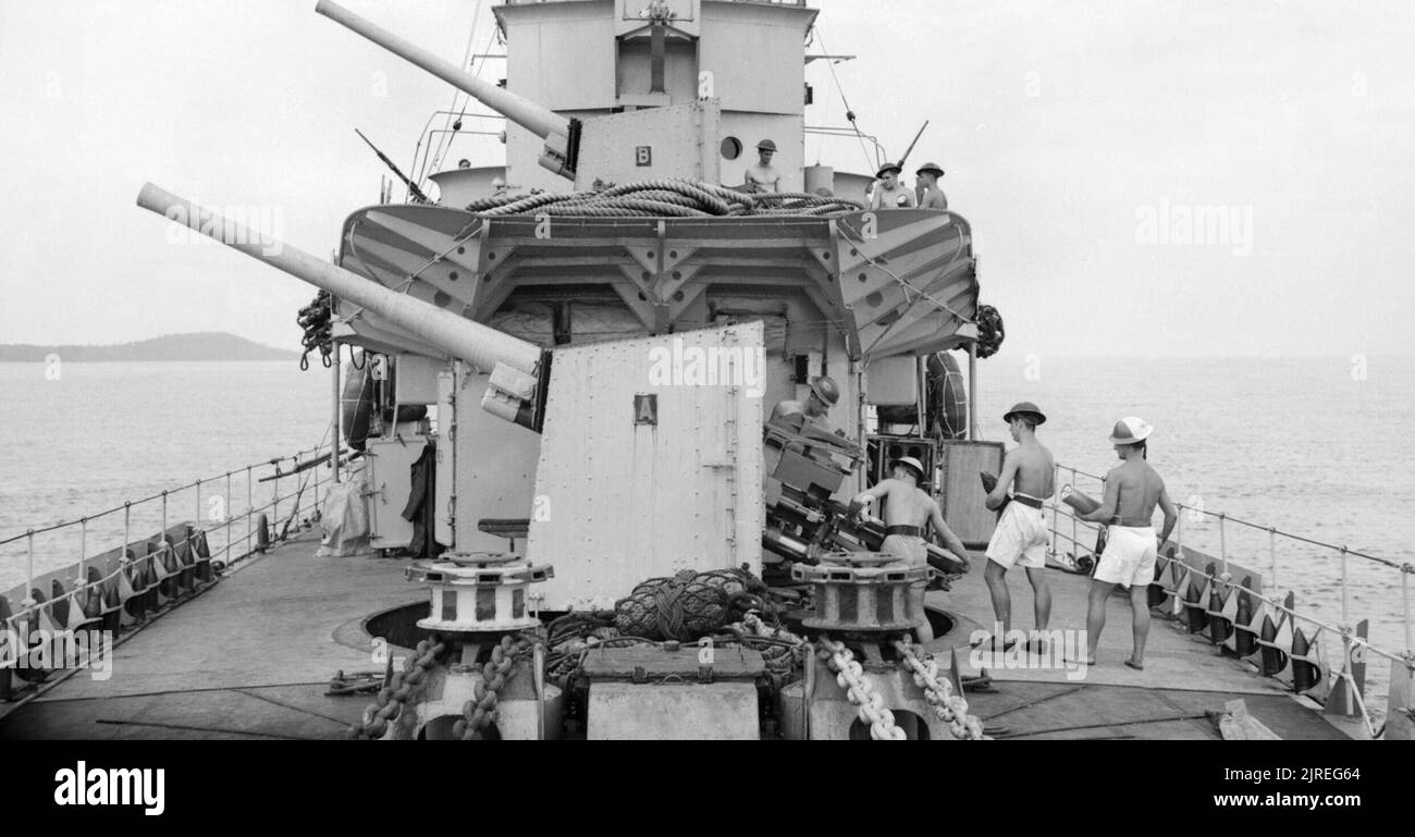The forward 4.7-inch guns of HMS FOXHOUND, off Freetown, Sierra Leone ...