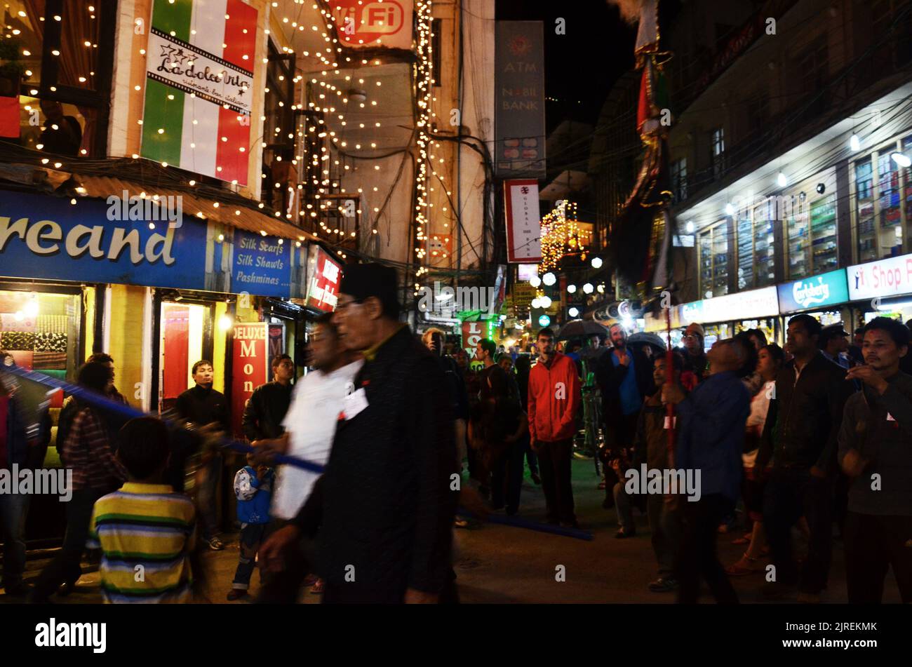 Parade of Nepalese people for celebration and respect praying rite to ...