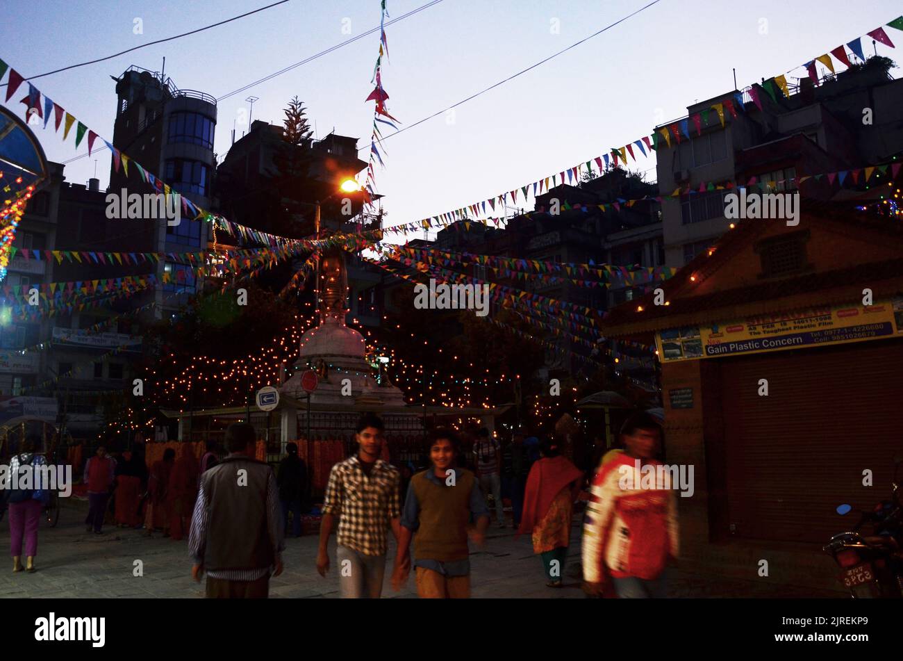 Parade of Nepalese people for celebration and respect praying rite to ...