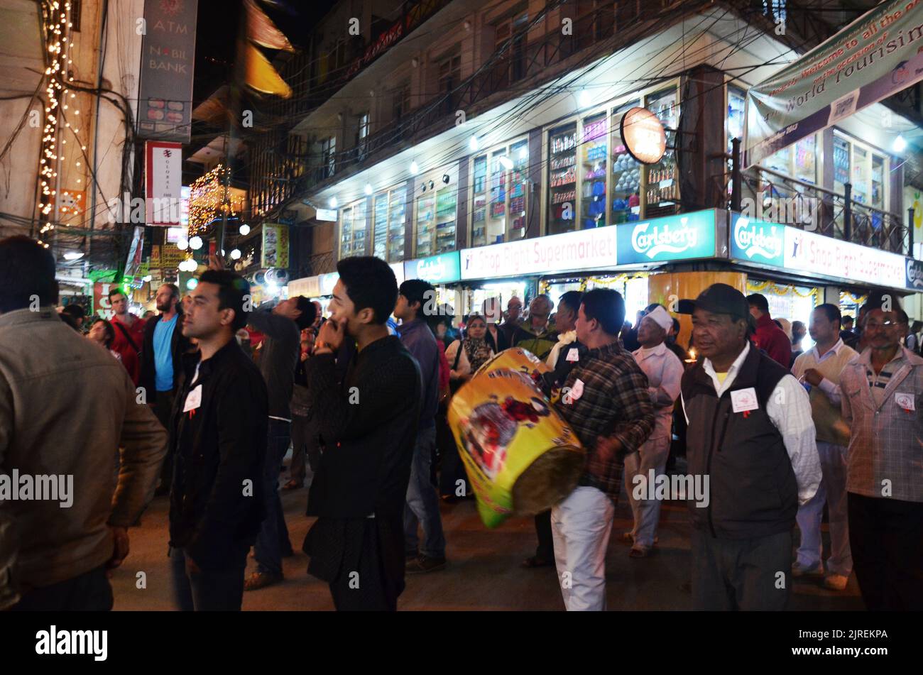 Parade of Nepalese people for celebration and respect praying rite to ...