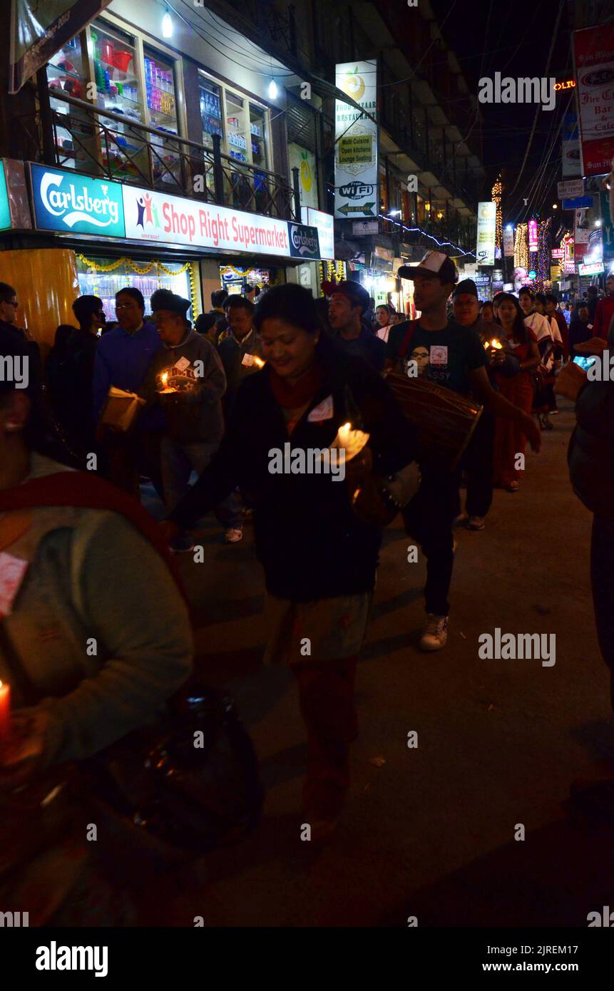 Parade of Nepalese people for celebration and respect praying rite to ...