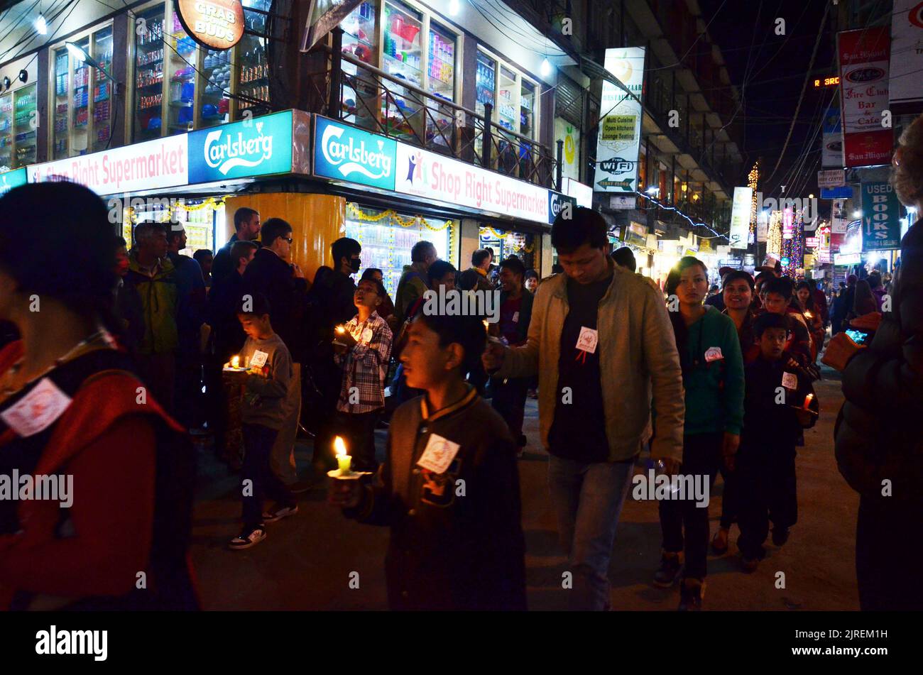 Parade of Nepalese people for celebration and respect praying rite to ...