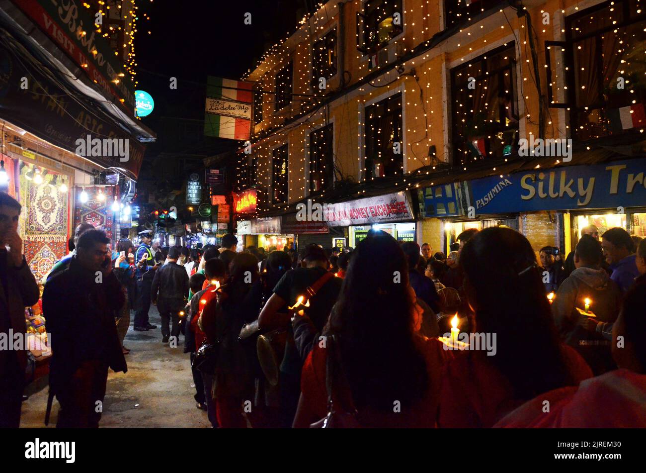 Parade of Nepalese people for celebration and respect praying rite to ...