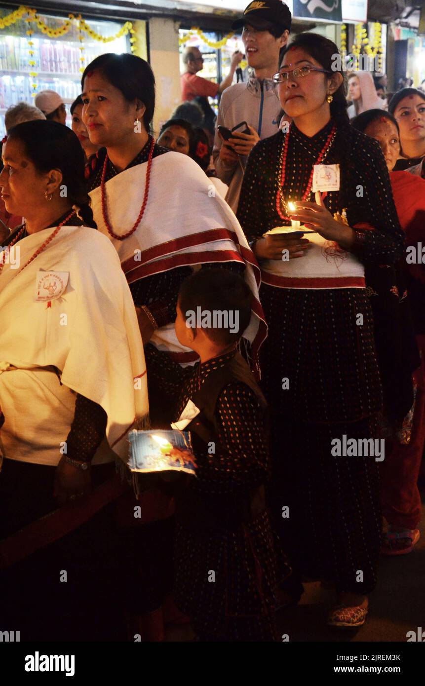 Parade of Nepalese people for celebration and respect praying rite to ...