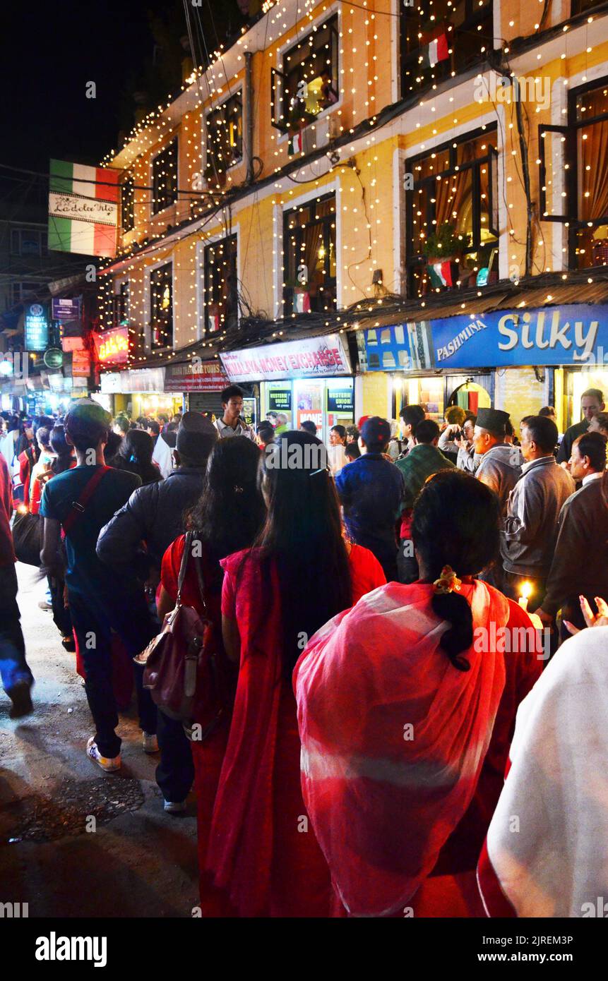 Parade of Nepalese people for celebration and respect praying rite to ...