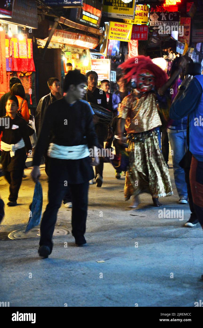 Parade of Nepalese people for celebration and respect praying rite to ...