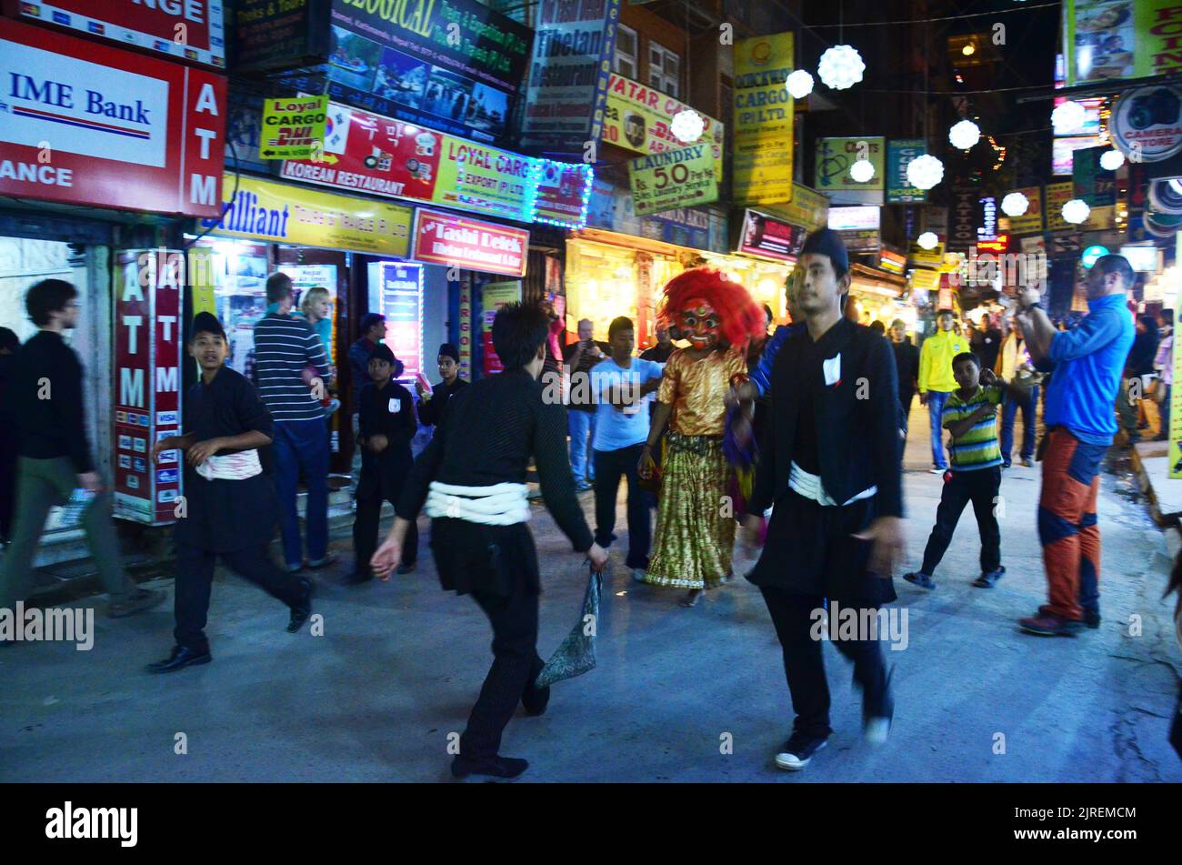Parade of Nepalese people for celebration and respect praying rite to ...