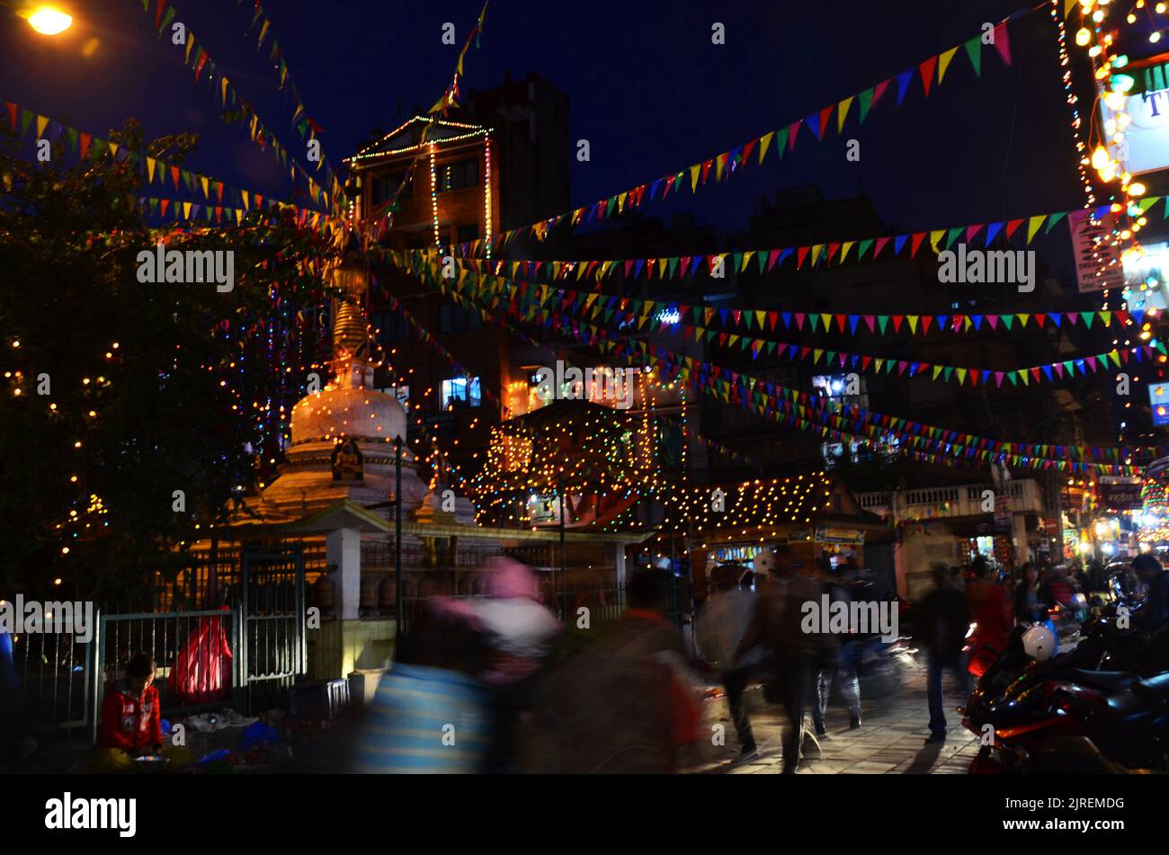 Parade of Nepalese people for celebration and respect praying rite to ...