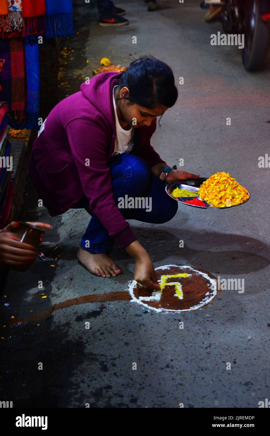 Parade of Nepalese people for celebration and respect praying rite to ...