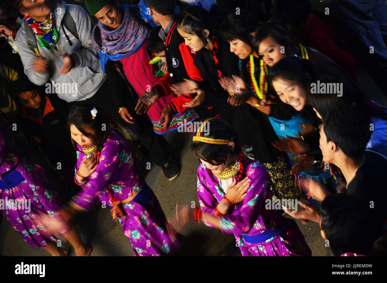 Parade of Nepalese people for celebration and respect praying rite to ...