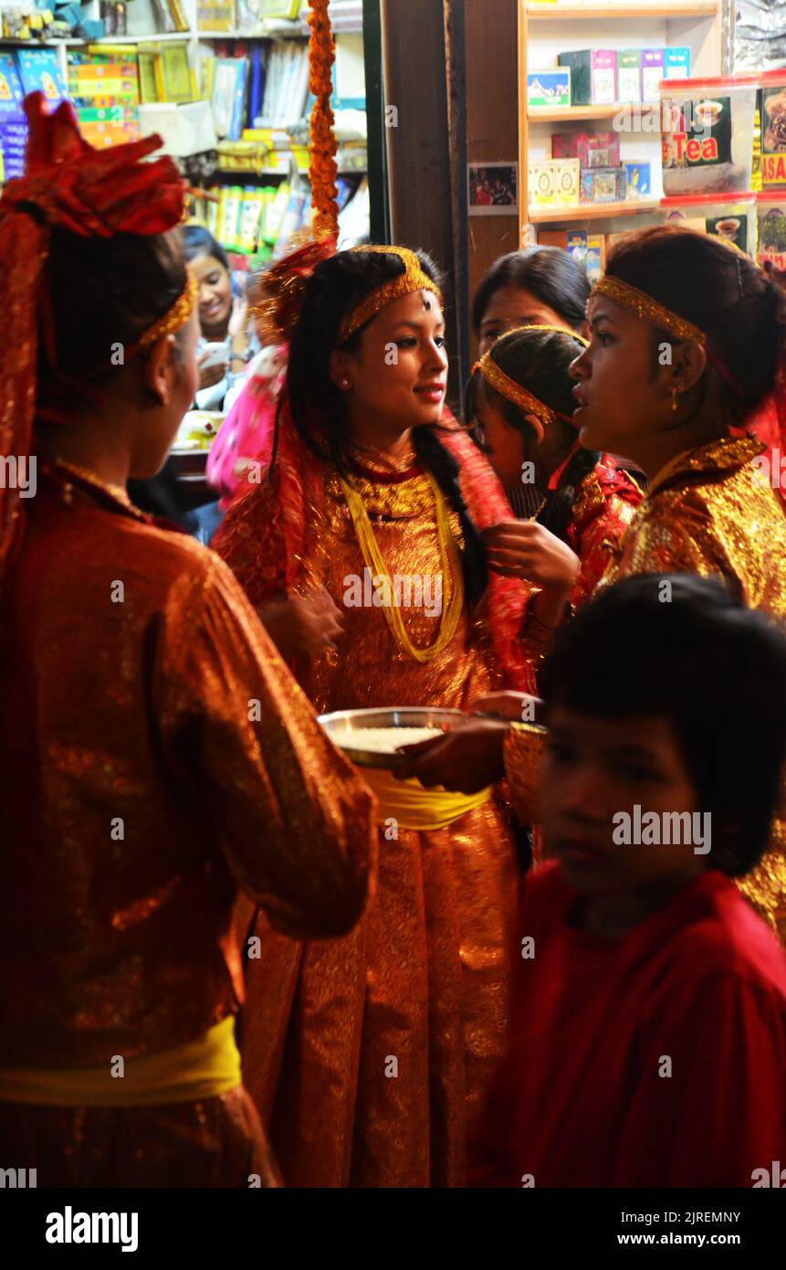 Parade of Nepalese people for celebration and respect praying rite to ...