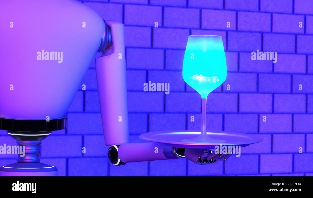 a service robot offers a neon blue drink (3d rendering Stock Photo - Alamy